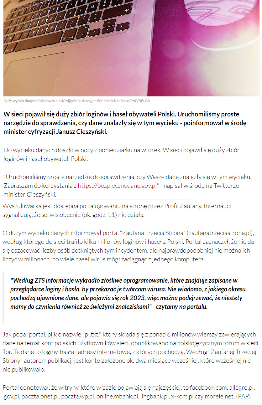 Duży wyciek danych. W sieci pojawił się duży zbiór loginów i haseł ... Duży wyciek danych. W sieci pojawił się duży zbiór loginów i haseł ...